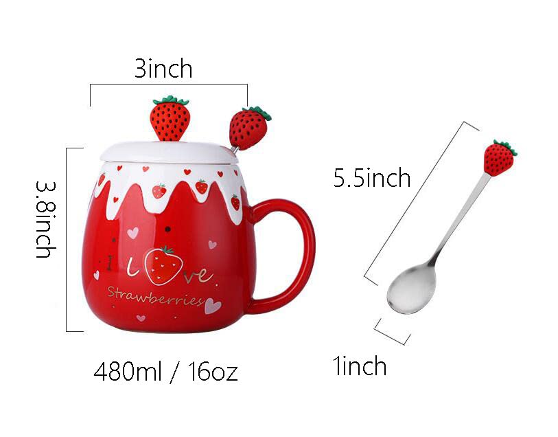 Mozacona Ceramic Mug Strawberry Love Coffee Cup Water Cup with Strawberry Lid and Spoon