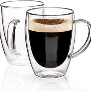 Blooming Life Style 2-Pack 12 Oz Double Walled Glass Coffee Mugs with Handle,Insulated Layer Coffee Cups,Clear Borosilicate Glass Mugs,Perfect for Cappuccino,Tea,Latte,Espresso,Hot Beverage