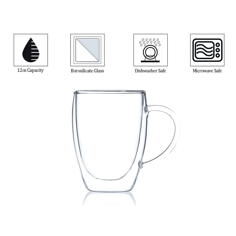 Blooming Life Style 2-Pack 12 Oz Double Walled Glass Coffee Mugs with Handle,Insulated Layer Coffee Cups,Clear Borosilicate Glass Mugs,Perfect for Cappuccino,Tea,Latte,Espresso,Hot Beverage