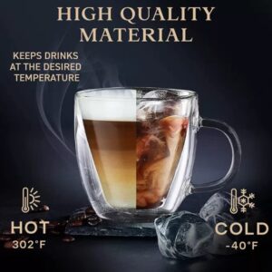 Blooming Life Style 2-Pack 12 Oz Double Walled Glass Coffee Mugs with Handle,Insulated Layer Coffee Cups,Clear Borosilicate Glass Mugs,Perfect for Cappuccino,Tea,Latte,Espresso,Hot Beverage