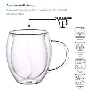 YUESHICO Insulated Coffee Mugs - Double Wall Glass Coffee Mugs Clear Glass Coffee Cups 12.7 Oz with Handles for Hot Beverages Cappuccino, Latte, Big Tea Cup. Glass Cups Best Coffee Gifts