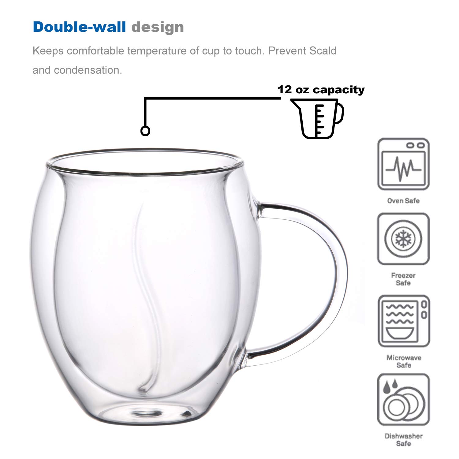 YUESHICO Insulated Coffee Mugs - Double Wall Glass Coffee Mugs Clear Glass Coffee Cups 12.7 Oz with Handles for Hot Beverages Cappuccino, Latte, Big Tea Cup. Glass Cups Best Coffee Gifts