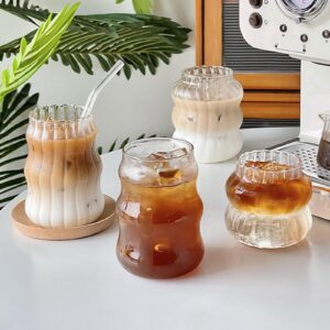 MALOKI Ripple Drinking Glasses,Origami Style Glass Cup Creative Ribbed Glassware Iced Coffee Cups Ideal for Cocktail, Whiskey, Fruit Juice,Milk,Water, Kitchen Bar Decor