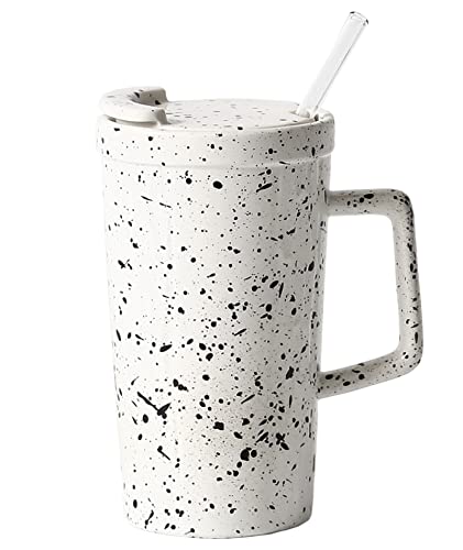 SHANYANTAOCI Large Mug Ceramic Coffee Cup with Straw, 16 oz Big Ceramic Water Cup with Lid and Straw, Tall Drinking Cup for Soda Cola Milk Juice, Unique Graduation Gifts for Birthday and Christmas