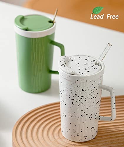 SHANYANTAOCI Large Mug Ceramic Coffee Cup with Straw, 16 oz Big Ceramic Water Cup with Lid and Straw, Tall Drinking Cup for Soda Cola Milk Juice, Unique Graduation Gifts for Birthday and Christmas