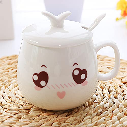 RYUHYF Ceramic cup, coffee cup, mug, ceramic cup with lid, tea cup with lid, coffee cup with lid and spoon，set of 1 (Cute cup(White+ lid + spoon))