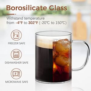 ComSaf 14oz Glass Coffee Mugs Set of 4, Clear Glass Coffee Cup with Big Handle, Large Borosilicate Glass Mug for Tea Milk or Hot Cold Beverages, Crystal Drinking Glass for Birthday Christmas Gift