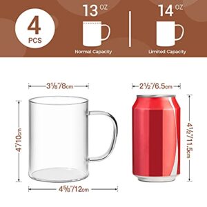 ComSaf 14oz Glass Coffee Mugs Set of 4, Clear Glass Coffee Cup with Big Handle, Large Borosilicate Glass Mug for Tea Milk or Hot Cold Beverages, Crystal Drinking Glass for Birthday Christmas Gift