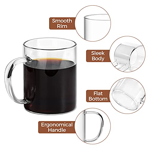 ComSaf 14oz Glass Coffee Mugs Set of 4, Clear Glass Coffee Cup with Big Handle, Large Borosilicate Glass Mug for Tea Milk or Hot Cold Beverages, Crystal Drinking Glass for Birthday Christmas Gift