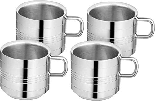 WhopperOnline Double Wall Espresso Coffee Cups Set of 4, Stainless Steel Tea Coffee Mug Cups, Reusable and Dishwasher Safe - 6 oz