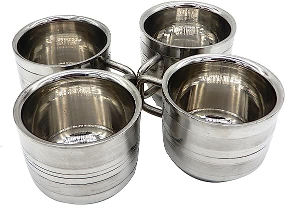 WhopperOnline Double Wall Espresso Coffee Cups Set of 4, Stainless Steel Tea Coffee Mug Cups, Reusable and Dishwasher Safe - 6 oz