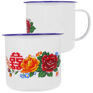 Cabilock Red Cups 2pcs Enamel Camping Mugs Retro Chinese Style Tea Mug Coffee Mugs Vintage Water Cup Milk Mug with Lid Wine Cup Drinking Tumbler for Home Office 500ml Vintage Coffee Mugs