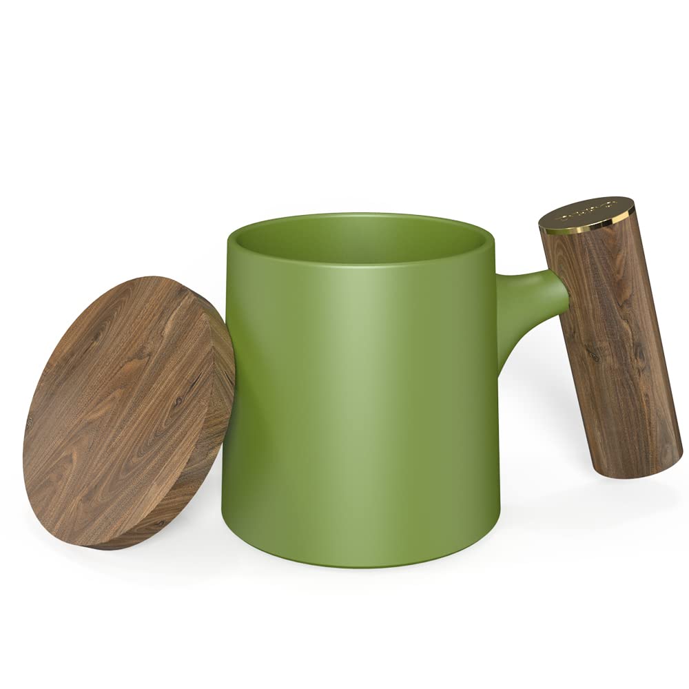 DHPO Artisan Series Matte Ceramic Coffee Mug Tea Cup T Shape with Large Beautiful Wooden Handle and Lid for Office and Home, 15oz, Green