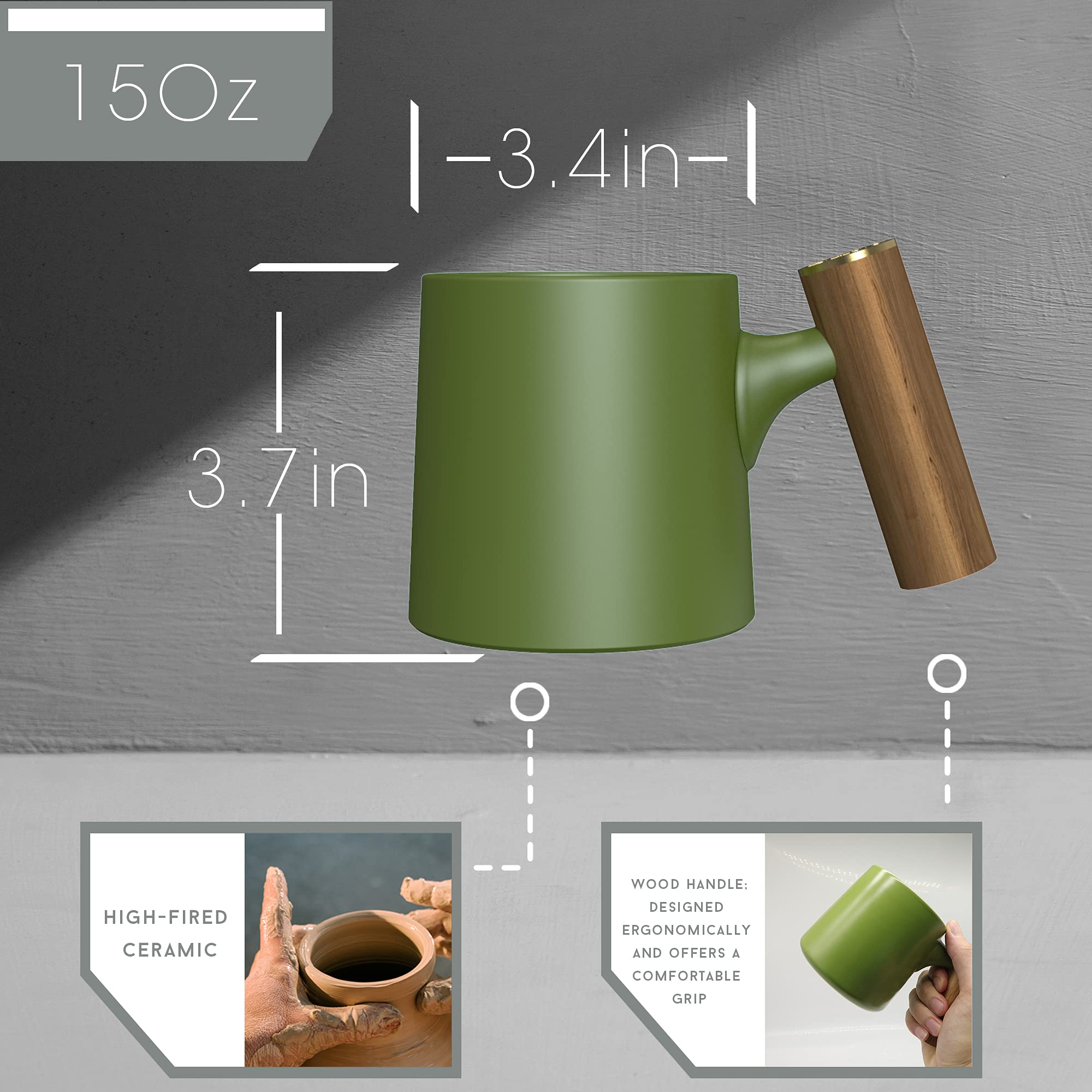 DHPO Artisan Series Matte Ceramic Coffee Mug Tea Cup T Shape with Large Beautiful Wooden Handle and Lid for Office and Home, 15oz, Green