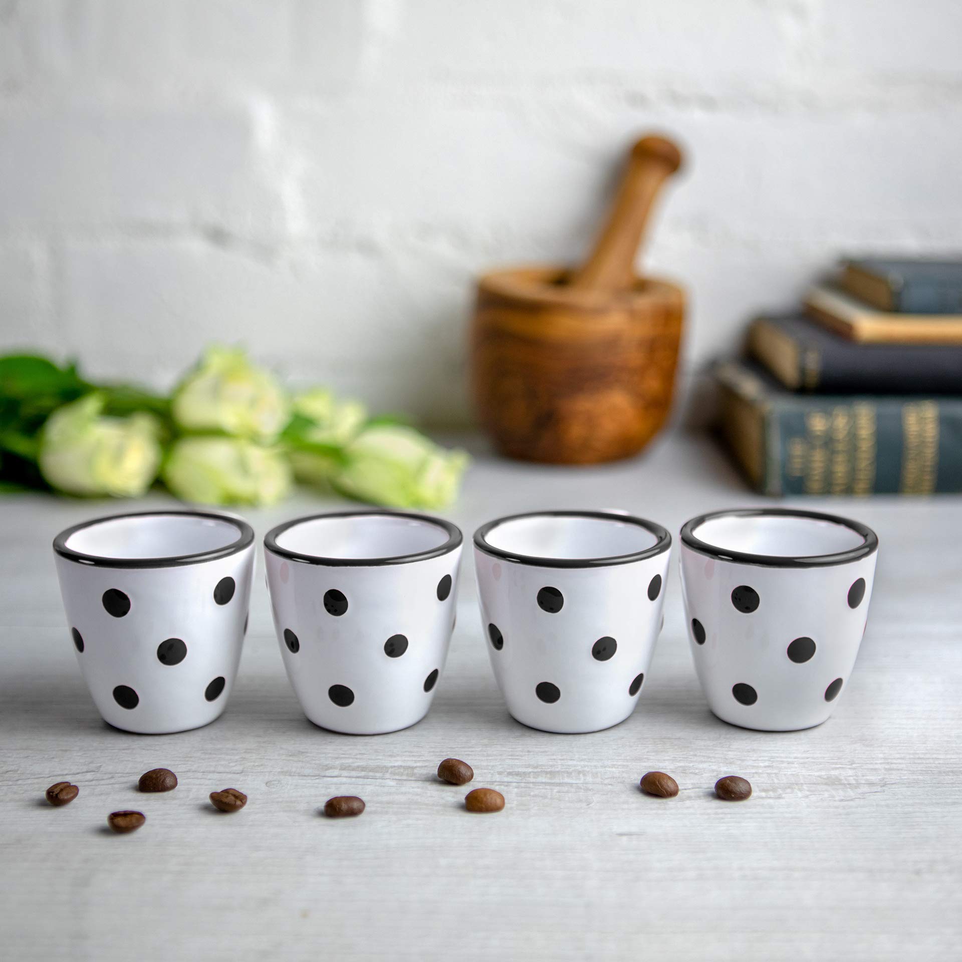 City to Cottage Handmade White And Black Polka Dot Ceramic 2oz/60ml | Espresso Cup Set of 4, Unique Designer Pottery for Coffee Lovers