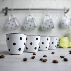 City to Cottage Handmade White And Black Polka Dot Ceramic 2oz/60ml | Espresso Cup Set of 4, Unique Designer Pottery for Coffee Lovers