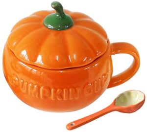 eplze ybk tech cute pumpkin cup, ceramic coffee mug, 8.5oz tea cup with lid (cup+ spoon)