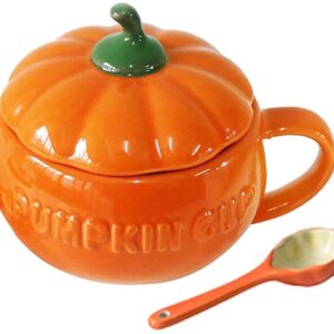 Eplze YBK Tech Cute Pumpkin Cup, Ceramic Coffee Mug, 8.5oz Tea Cup with Lid (Cup+ Spoon)