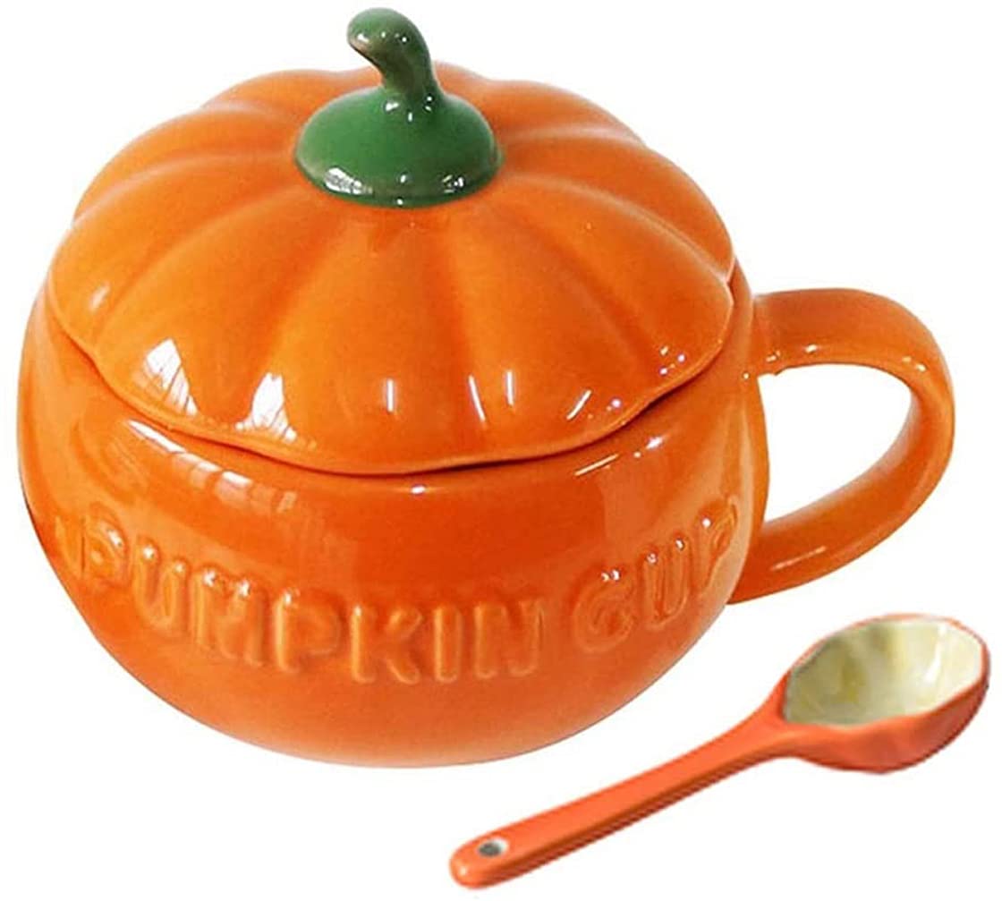 Eplze YBK Tech Cute Pumpkin Cup, Ceramic Coffee Mug, 8.5oz Tea Cup with Lid (Cup+ Spoon)