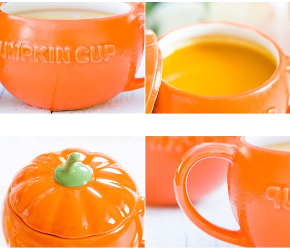 Eplze YBK Tech Cute Pumpkin Cup, Ceramic Coffee Mug, 8.5oz Tea Cup with Lid (Cup+ Spoon)