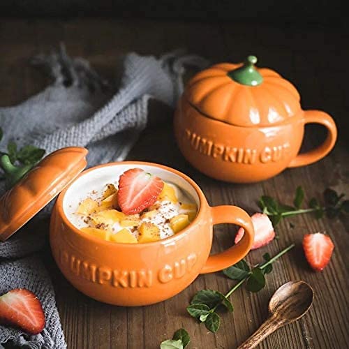 Eplze YBK Tech Cute Pumpkin Cup, Ceramic Coffee Mug, 8.5oz Tea Cup with Lid (Cup+ Spoon)