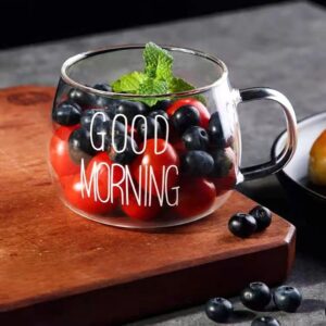 chdhaltd 350ml glass mugs with handle,good morning cup,coffee mug,for coffee, tea, soup,juice,milk,clear drinking cup