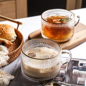 Stackable Vintage Coffee Mug, 14 Oz Clear Embossed Glass Cup, Premium Drinking Glass Tumbler, Tea Cup, Glass Coffee Cup for Cappuccino, Latte, Cereal, Cocktail, Yogurt, Beverage Hot