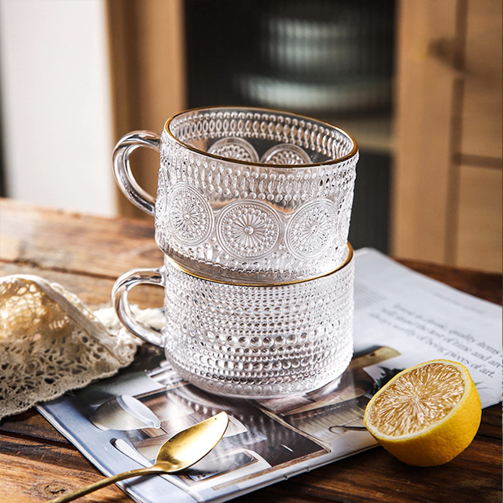 Stackable Vintage Coffee Mug, 14 Oz Clear Embossed Glass Cup, Premium Drinking Glass Tumbler, Tea Cup, Glass Coffee Cup for Cappuccino, Latte, Cereal, Cocktail, Yogurt, Beverage Hot