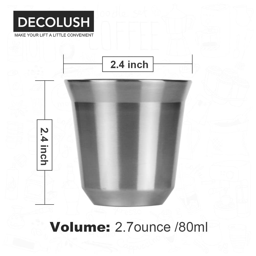 DECOLUSH 80mL (2.7 Ounce) Stainless Steel Espresso Cups - 2 Pack Double Wall Insulated Cups Demitasse Cups Coffee Cup For Drinking, Drinking Coffee, Drinking Beverages (Stainless)