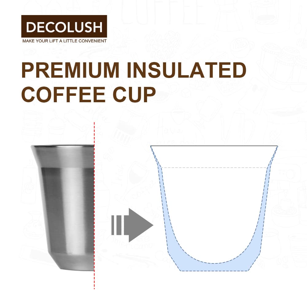 DECOLUSH 80mL (2.7 Ounce) Stainless Steel Espresso Cups - 2 Pack Double Wall Insulated Cups Demitasse Cups Coffee Cup For Drinking, Drinking Coffee, Drinking Beverages (Stainless)