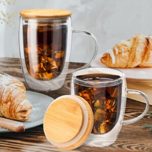 Eccliy 8 Pcs 12oz Double Walled Glass Coffee Mugs with Bamboo Lids Insulated Glass Coffee Cups Clear Tea Mug Glass Tea Cups with Handles for Hot or Iced Coffee Milk Tea Beverage Cappuccino Latte