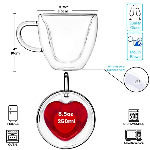 HCA Outdoors Double Walled Glass Coffee Mugs, 8.5oz/250ml Insulated Espresso Cups, Teacup, Clear Glasses Cappuccino Mug (Set of 2) Heart Shaped