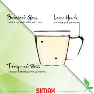 SIMAX Small Clear Coffee Mug: Borosilicate Glass Tea Cups - 7 Ounce Clear Mugs for Coffee - Coffee Glass Mugs With Handles - Clear Coffee Mugs - Cappuccino Cup - Small Coffee Cups - Tea Cup Set of 6