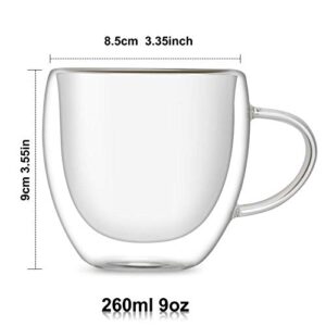 Jdttngp Clear Coffee Mugs Set of 2 Double Wall Large Coffee Glass Mugs 9 oz Insulated Espresso Mug with Handle,260 ml,Perfect for American Latte Cappuccinos and Beverage