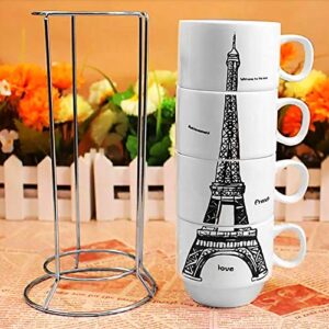 white porcelain coffee tea cups set 4 cups w/metal rack in box 4.0 fl.oz. each stackable desing eiffel tower