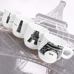 White Porcelain Coffee Tea Cups Set 4 Cups w/Metal Rack in Box 4.0 fl.oz. each Stackable Desing Eiffel Tower