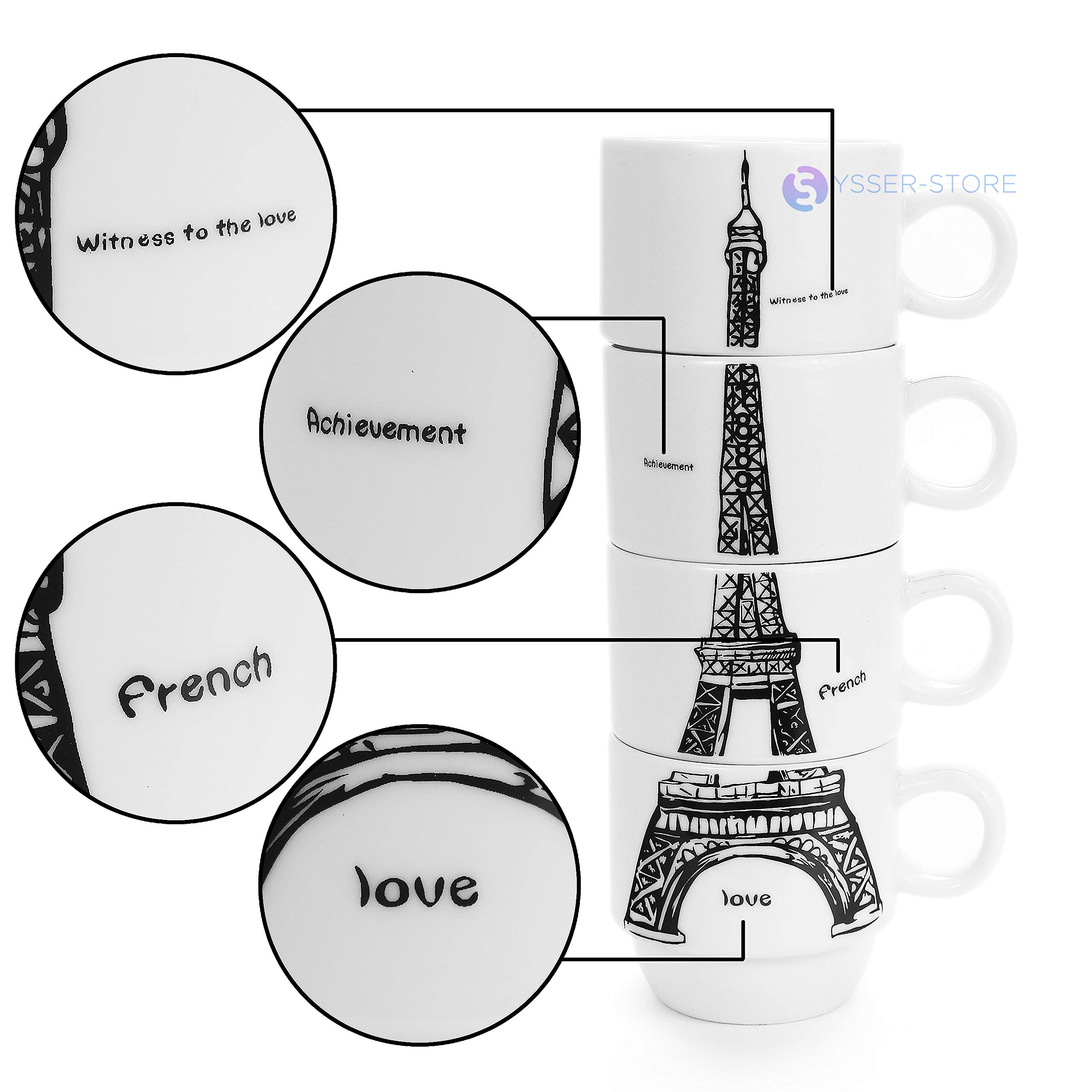 White Porcelain Coffee Tea Cups Set 4 Cups w/Metal Rack in Box 4.0 fl.oz. each Stackable Desing Eiffel Tower