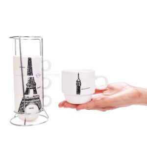 White Porcelain Coffee Tea Cups Set 4 Cups w/Metal Rack in Box 4.0 fl.oz. each Stackable Desing Eiffel Tower