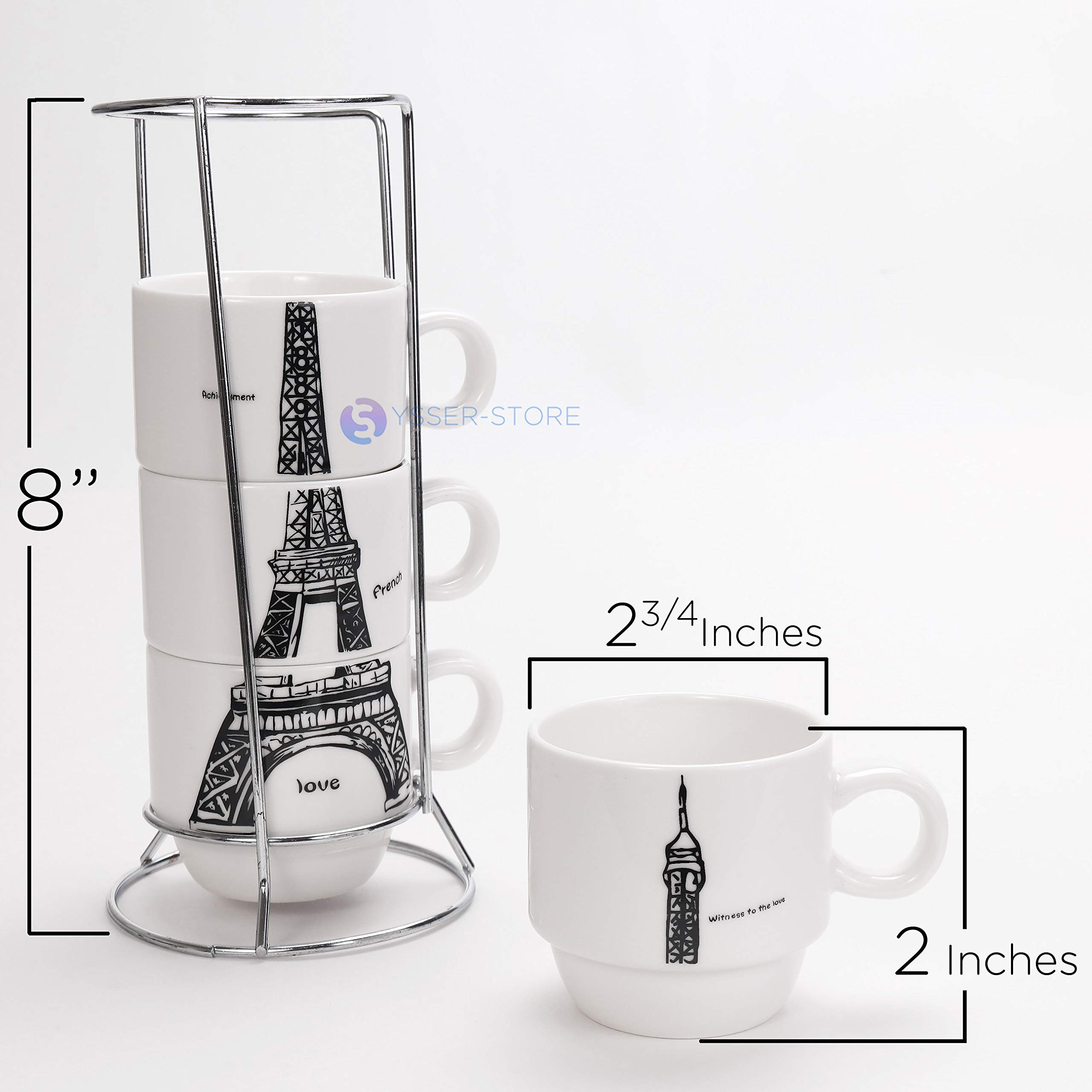 White Porcelain Coffee Tea Cups Set 4 Cups w/Metal Rack in Box 4.0 fl.oz. each Stackable Desing Eiffel Tower