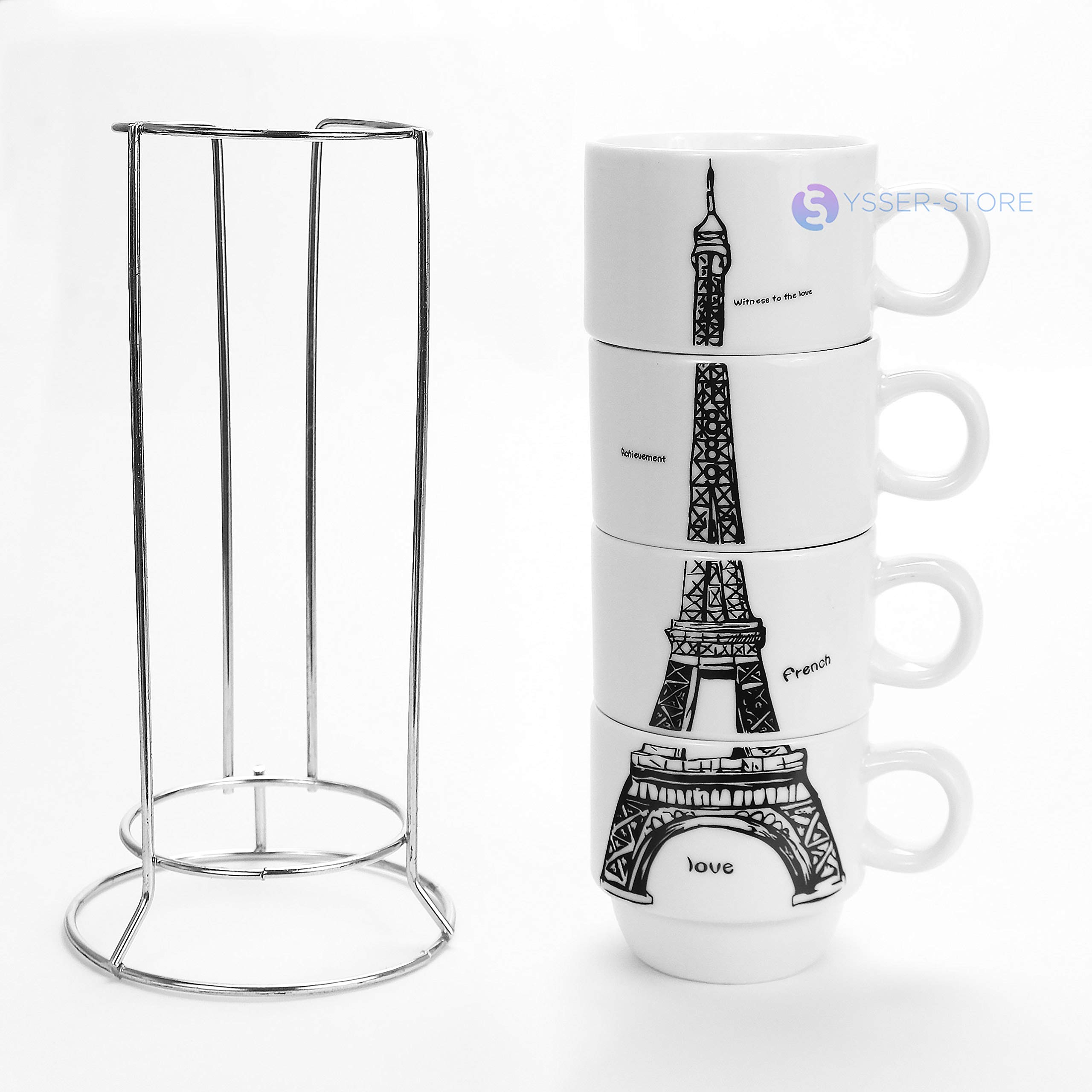 White Porcelain Coffee Tea Cups Set 4 Cups w/Metal Rack in Box 4.0 fl.oz. each Stackable Desing Eiffel Tower