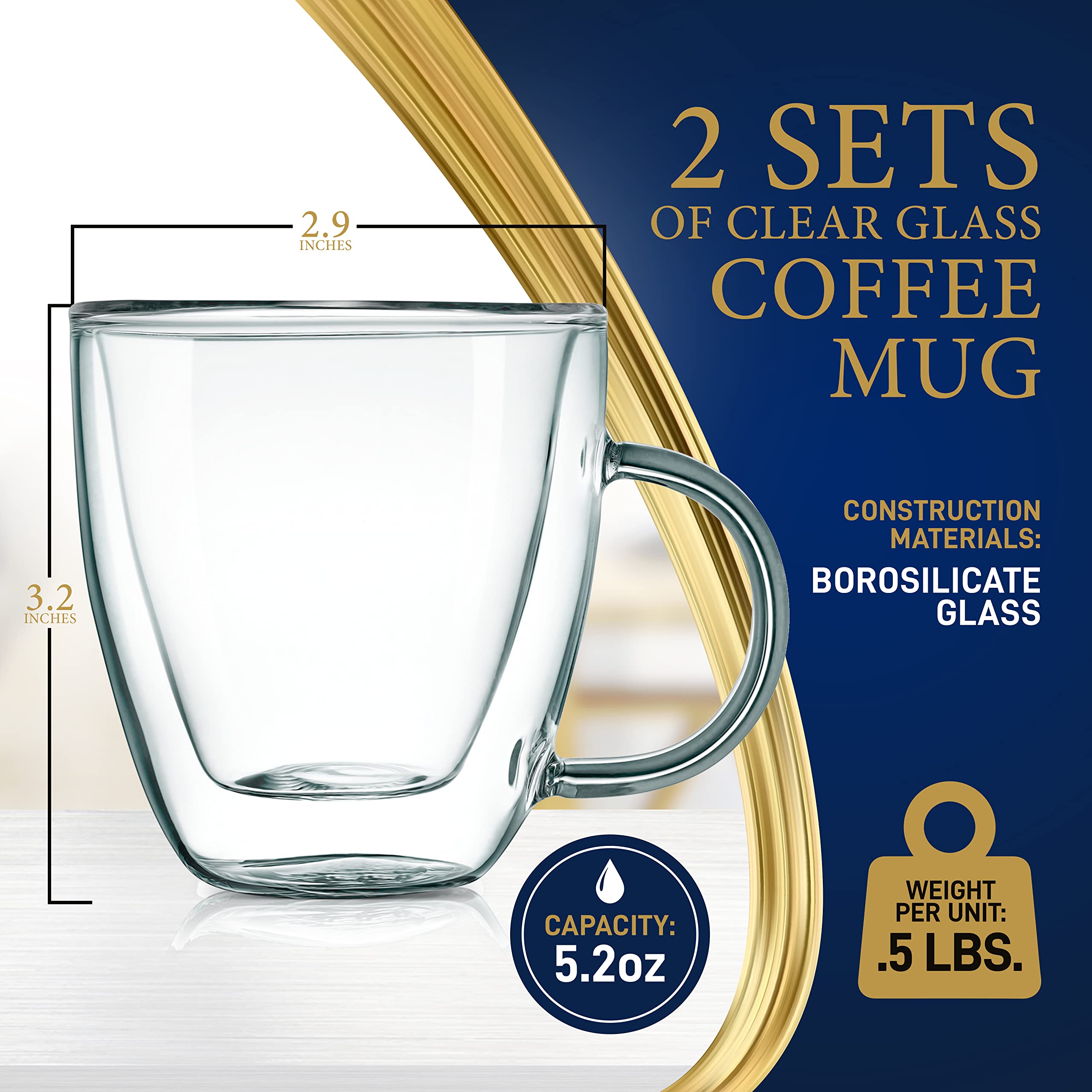 NutriChef Double Wall Insulated Cups - 4pcs 5.2 oz High Borosilicate Glass Sweat Free Mugs Clear Drinkware for Hot/Cold Drinks, Coffee, Espresso, Cappuccino, Latte, Tea, Microwavable, Dishwasher Safe