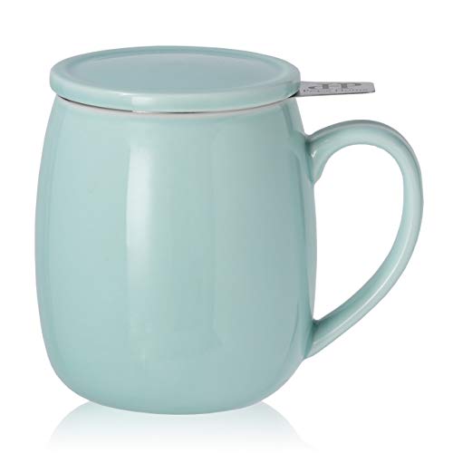 Peacehome Tea Cup Infuser Lid: 17.5 OZ Large Ceramic Tea Mug with Strainer & Cover for Steeping Cup of Hot Tea or Coffee - Fine Porcelain Infuser Tea Mug Set for Work Life Gift (Mint Green)