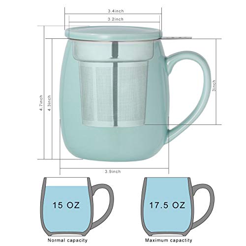 Peacehome Tea Cup Infuser Lid: 17.5 OZ Large Ceramic Tea Mug with Strainer & Cover for Steeping Cup of Hot Tea or Coffee - Fine Porcelain Infuser Tea Mug Set for Work Life Gift (Mint Green)