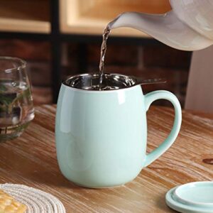 Peacehome Tea Cup Infuser Lid: 17.5 OZ Large Ceramic Tea Mug with Strainer & Cover for Steeping Cup of Hot Tea or Coffee - Fine Porcelain Infuser Tea Mug Set for Work Life Gift (Mint Green)