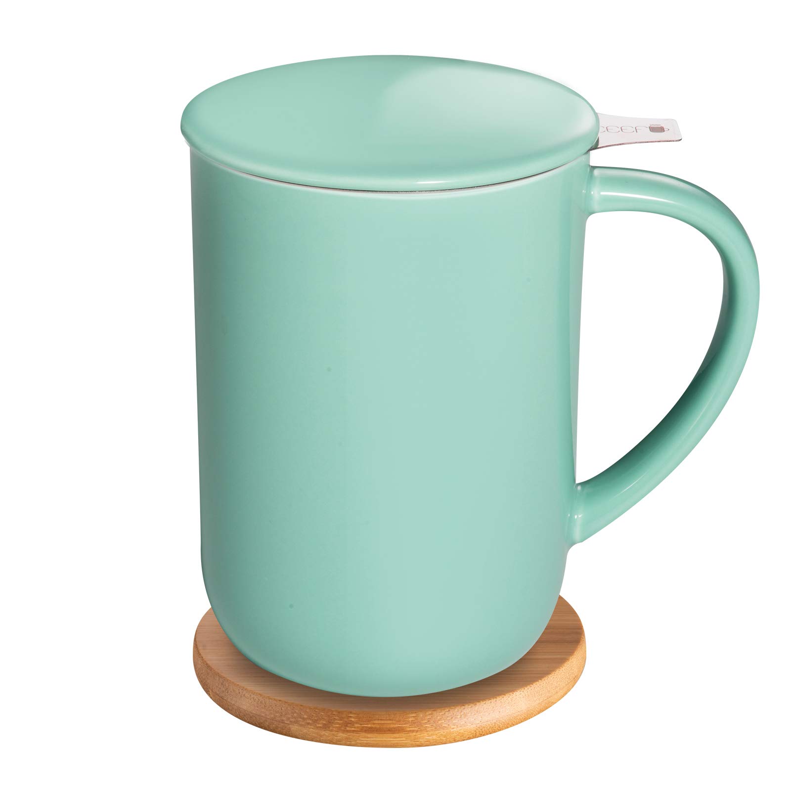 CEEFU Porcelain Tea Mug with Infuser and Lid, Teaware with Filter and Coaster, Loose Leaf Tea Cup Steeper Maker, 16 OZ for Tea/Coffee/Milk/Women/Office/Home/Gift (Mint Green)