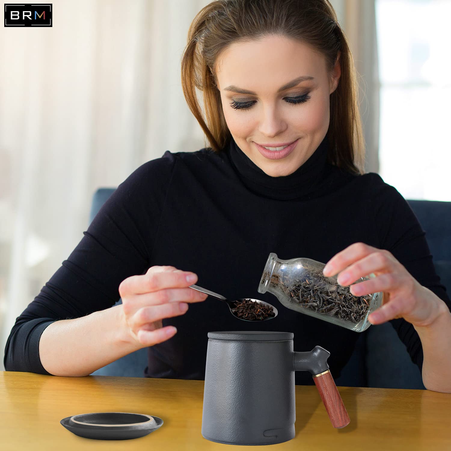 Black Ceramic Tea Cup with Infuser and Lid Tea Mugs Wooden Handle (Why pay more they all come from the same place)