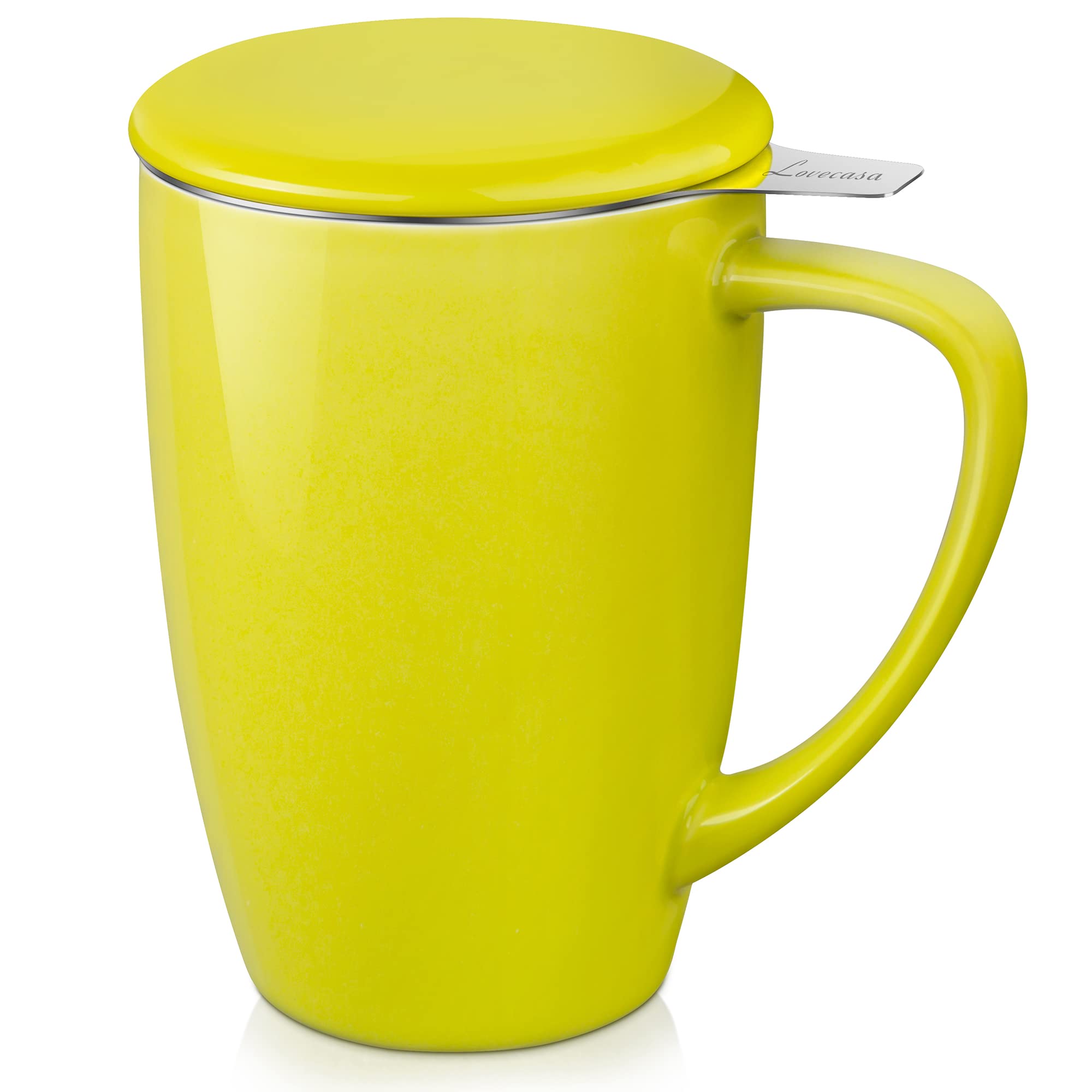 LOVECASA 16 OZ Tea Mug with Infuser and Lid, Tea Infuser Mug with Handle Ceramic Mug with Filter for Tea, Milk, Coffee, Loose Leaf Tea Infusers, Lemon Yellow