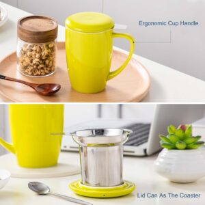 LOVECASA 16 OZ Tea Mug with Infuser and Lid, Tea Infuser Mug with Handle Ceramic Mug with Filter for Tea, Milk, Coffee, Loose Leaf Tea Infusers, Lemon Yellow