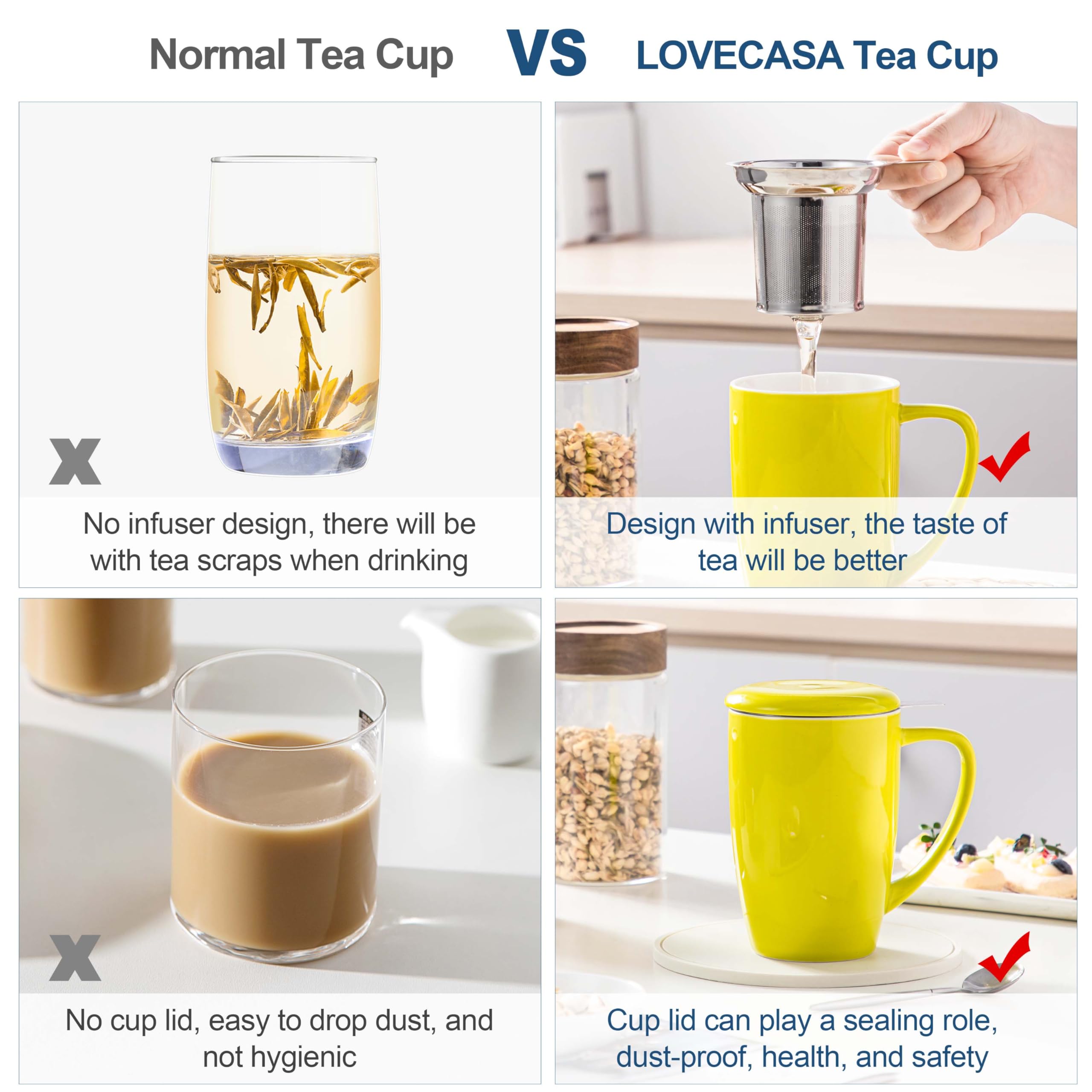 LOVECASA 16 OZ Tea Mug with Infuser and Lid, Tea Infuser Mug with Handle Ceramic Mug with Filter for Tea, Milk, Coffee, Loose Leaf Tea Infusers, Lemon Yellow