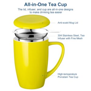 LOVECASA 16 OZ Tea Mug with Infuser and Lid, Tea Infuser Mug with Handle Ceramic Mug with Filter for Tea, Milk, Coffee, Loose Leaf Tea Infusers, Lemon Yellow